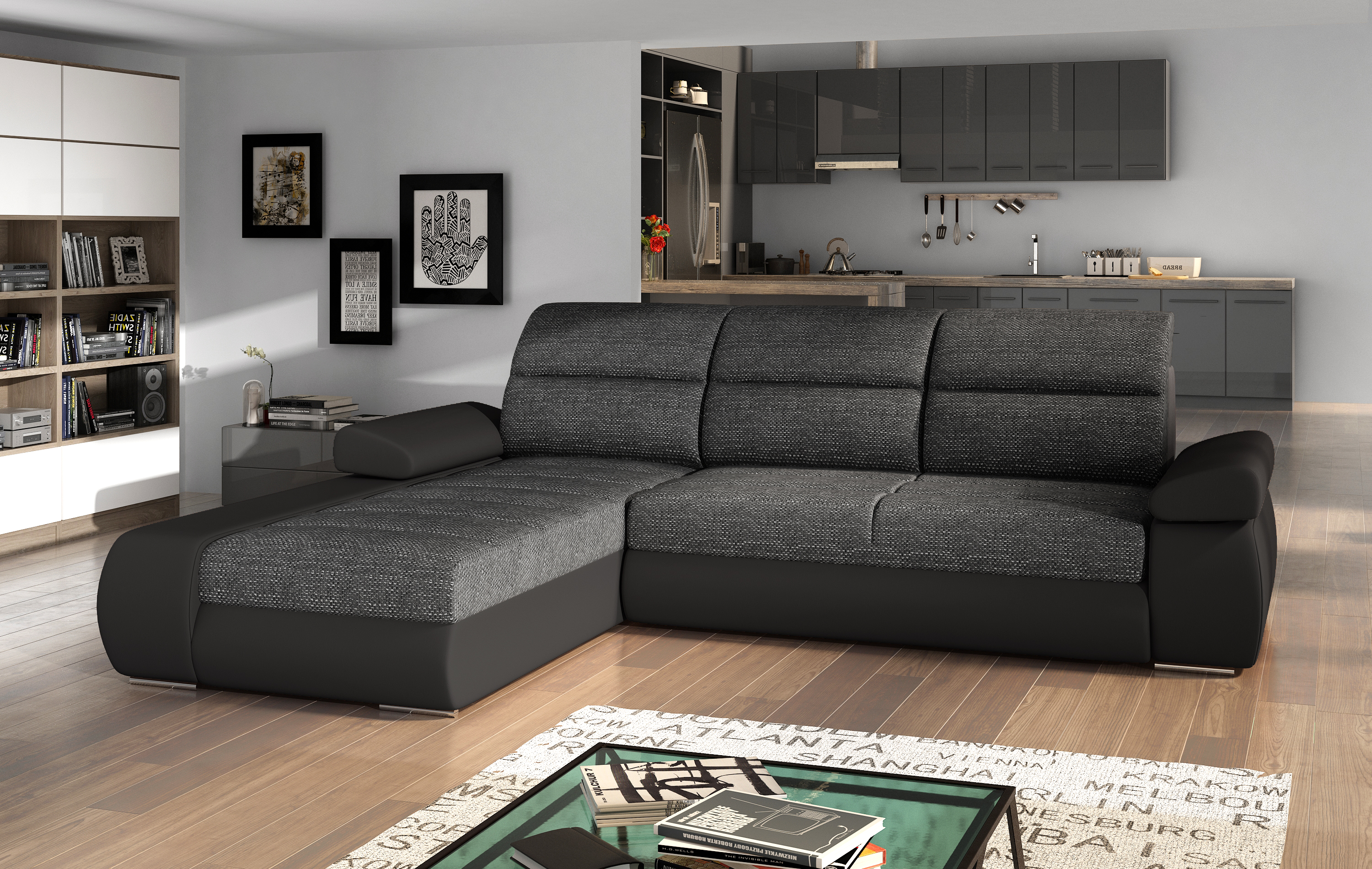 Rozkládací rohová sedačka ALADIN černá melír / černá | eu-nabytek.cz