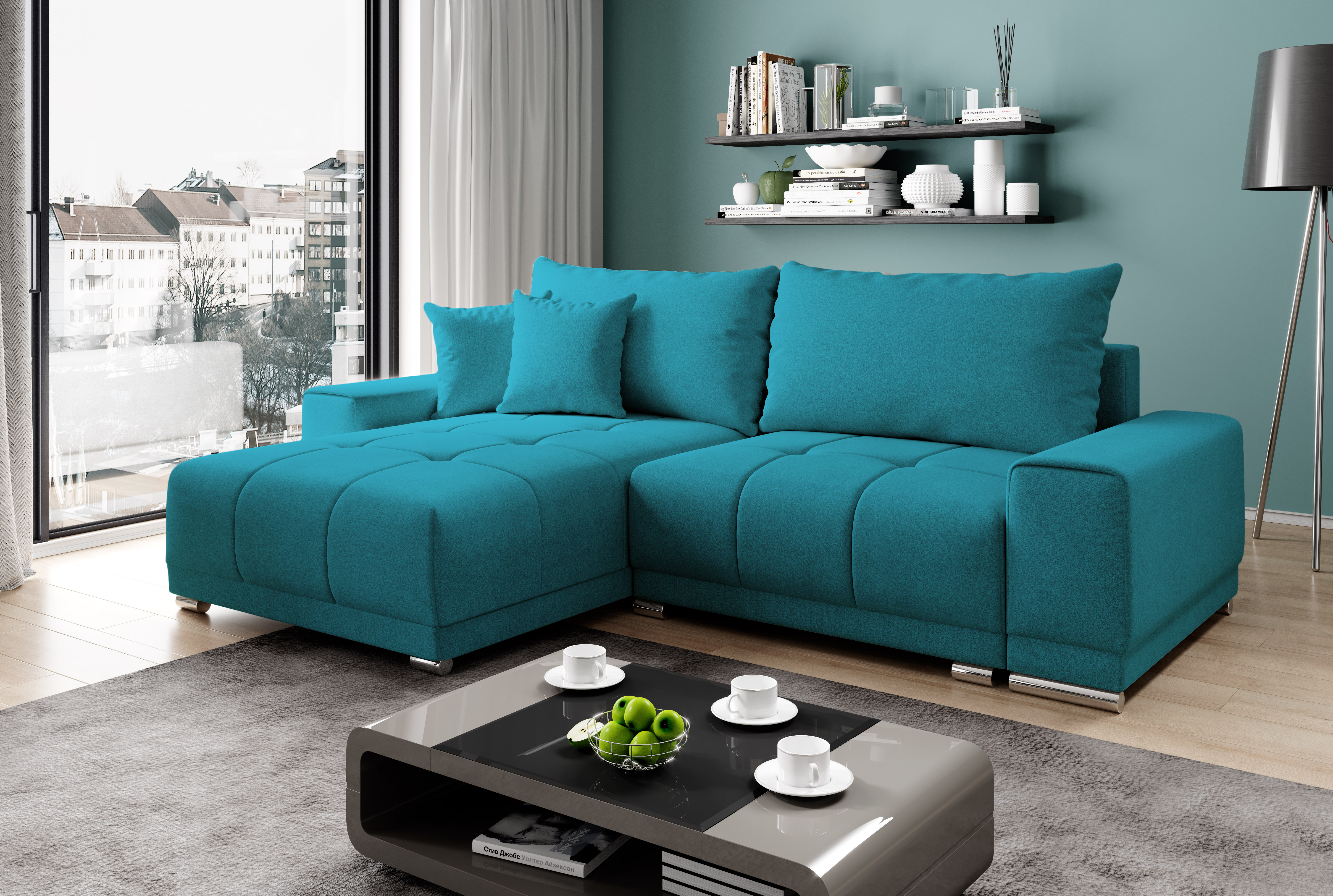 Rozkládací rohová sedačka KALVINE tyrkysová | eu-nabytek.cz
