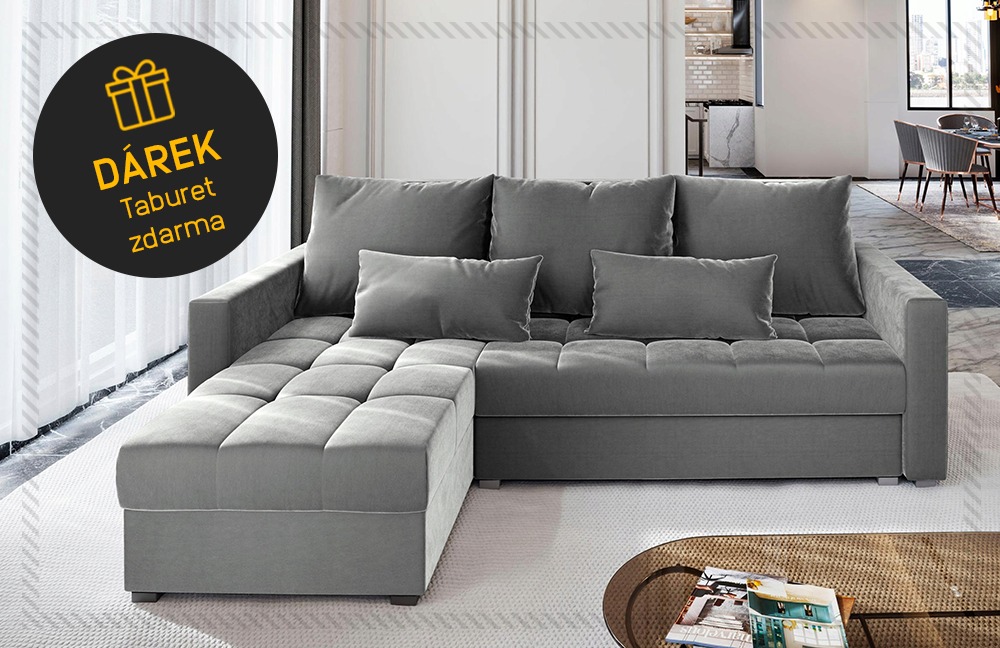 Rozkládací rohová sedačka SAVONA šedá + taburet zdarma | eu-nabytek.cz